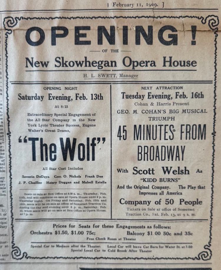 Skowhegan Opera House ad documents first ‘lights up’ in 1909